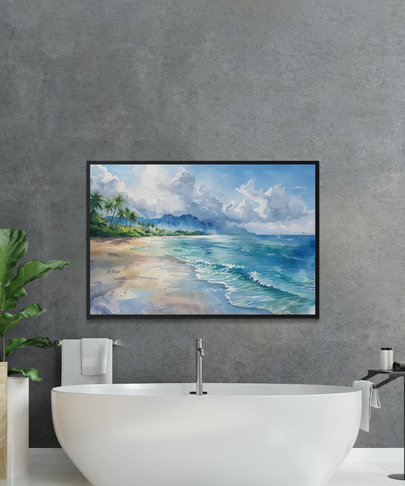 Tropical Beach Scene Wall Art, Ocean Waves Coastal Print, Palm Trees ...