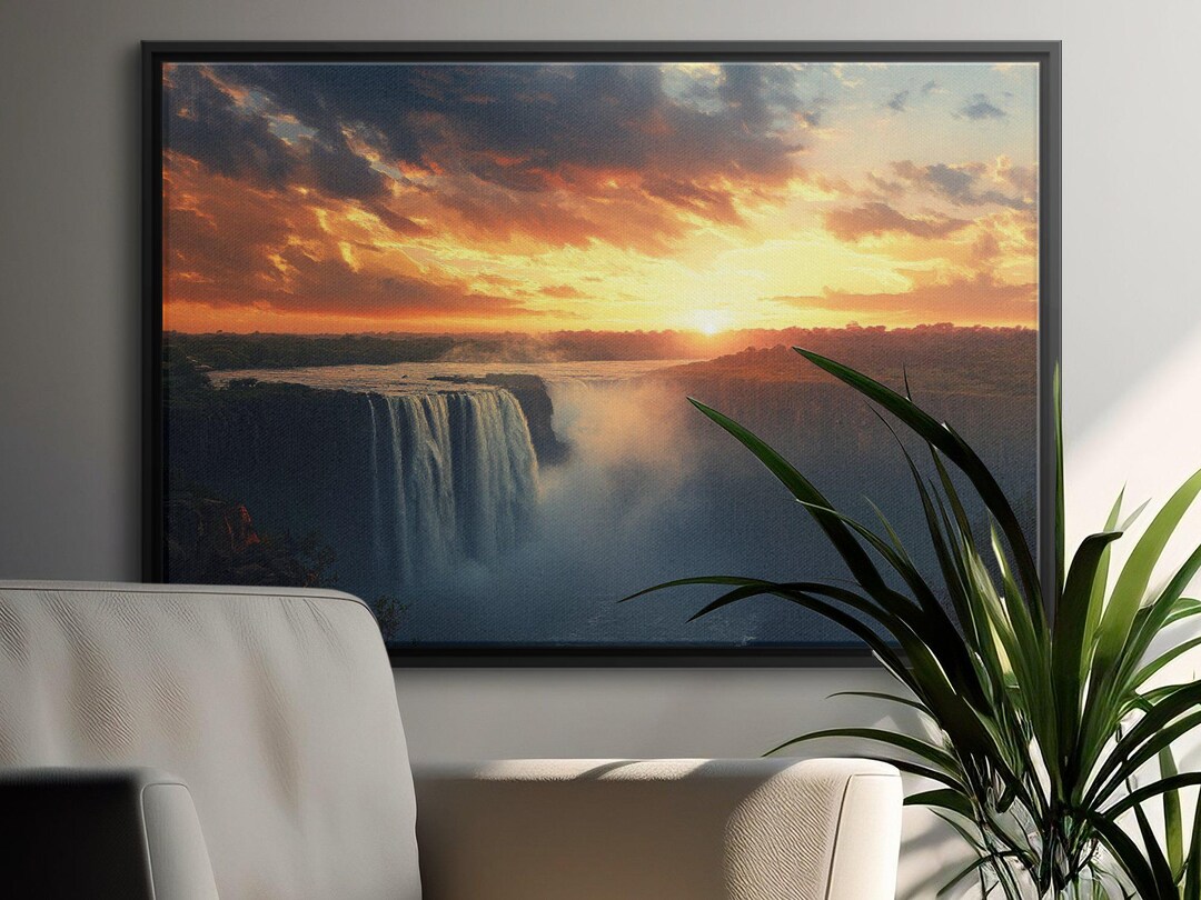 Beautiful Waterfall Sunset Wall Art, Nature Landscape Canvas Print ...