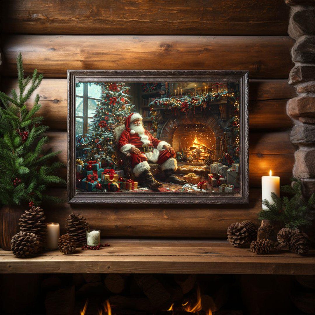 Santa Claus Christmas Wall Art, Festive Holiday Decor, Cozy Fireplace ...