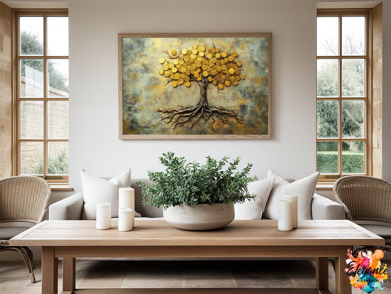 Money Tree Wall Art, Gold Coin Decor, Wealth Tree Painting, Prosperity ...