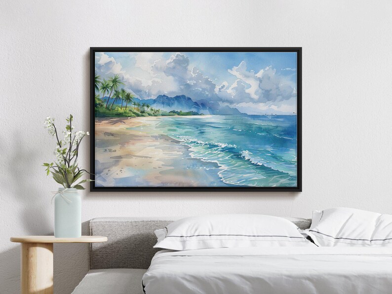 Tropical Beach Scene Wall Art, Ocean Waves Coastal Print, Palm Trees ...