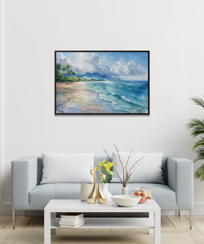 Tropical Beach Scene Wall Art, Ocean Waves Coastal Print, Palm Trees ...