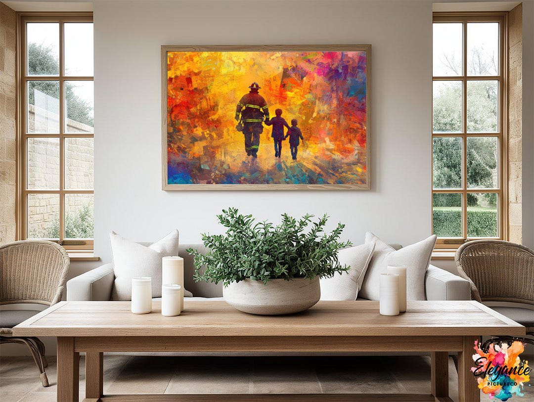 Firefighter Wall Art, Father and Children Painting, Abstract Family ...