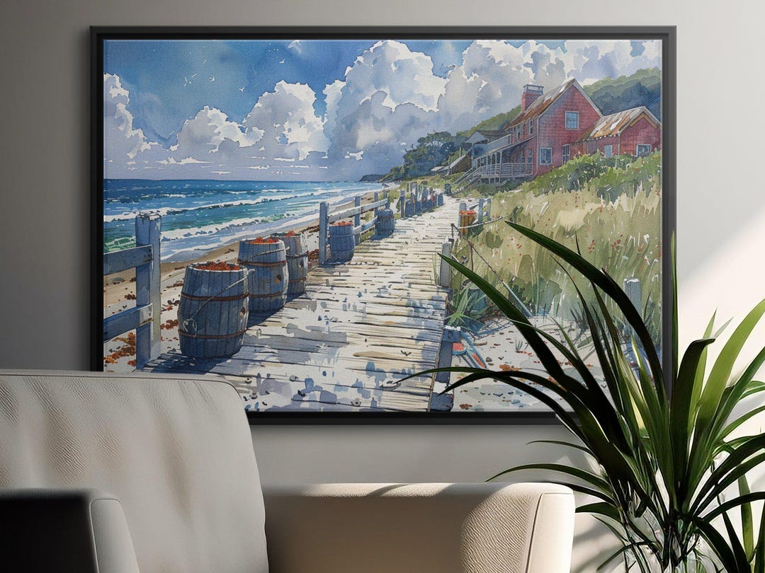 Coastal Beach Scene Wall Art, Nautical Ocean View Painting, Seaside ...
