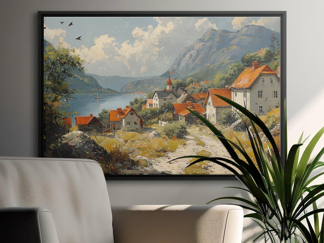 Scenic Village Landscape Painting, Mountain View Wall Art, Lake House ...
