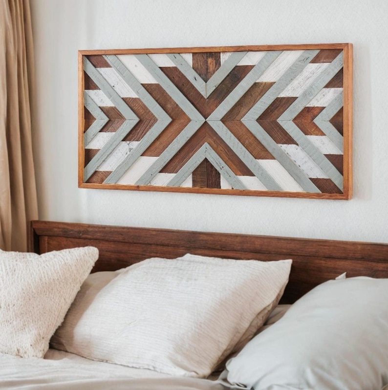 Large Reclaimed Wood Geometric Chevron Pattern Wall Art, Handcrafted ...
