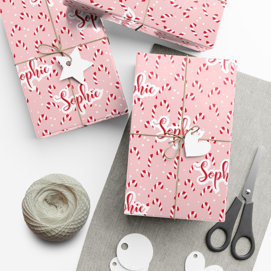 Personalized Holiday Gift Wrap, Candy Cane Custom Trendy Pink Christmas ...