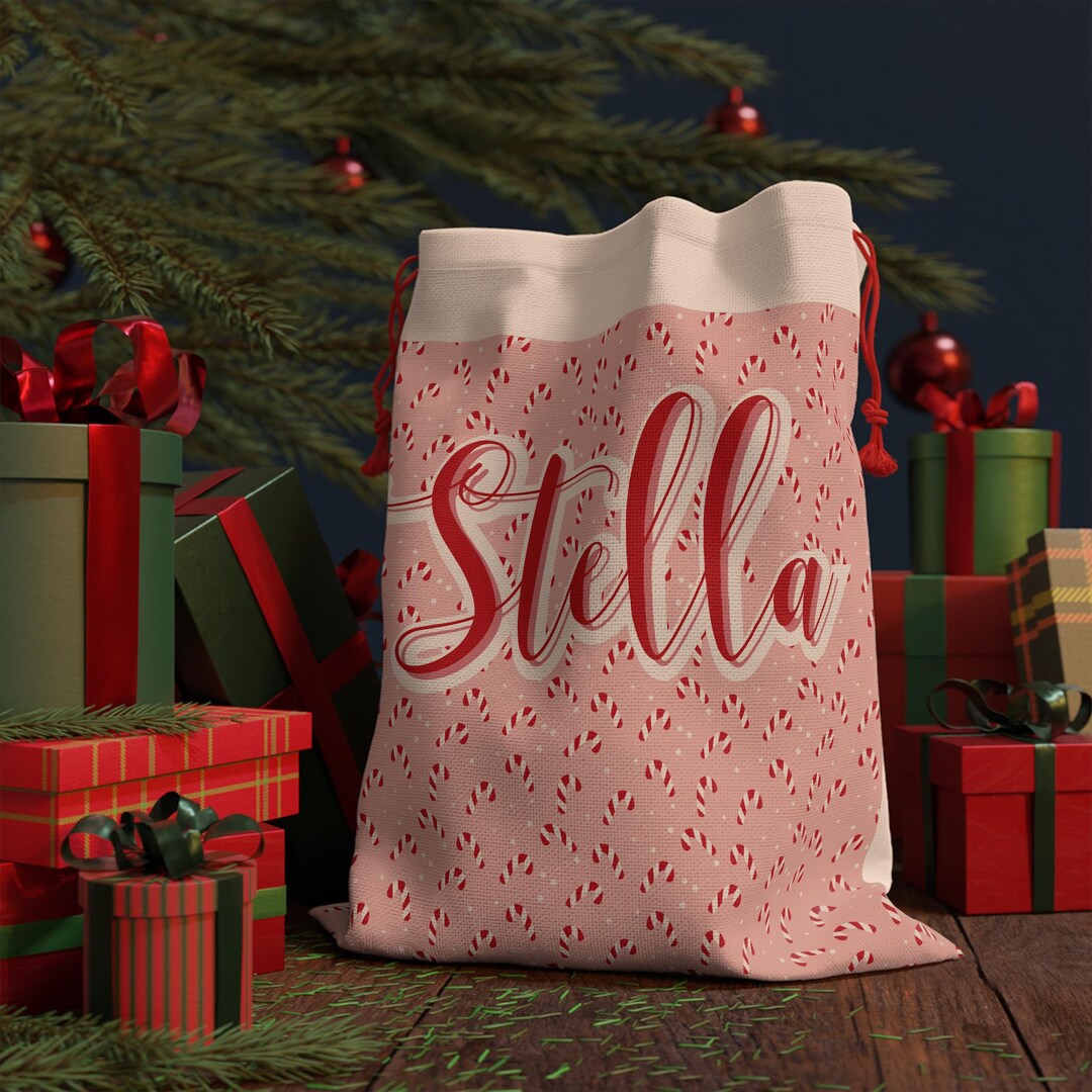 Personalized Peppermint & Pink Santa Sack, Festive Custom Holiday ...
