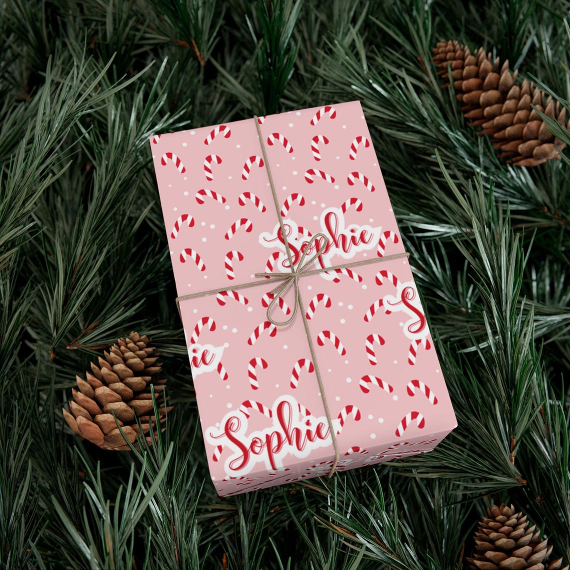 Personalized Holiday Gift Wrap, Candy Cane Custom Trendy Pink Christmas ...