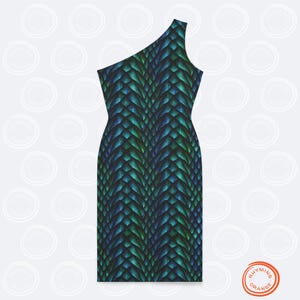 Dragon Blue Green Scales Dress, Fantasy All Over Print AOP One Shoulder ...