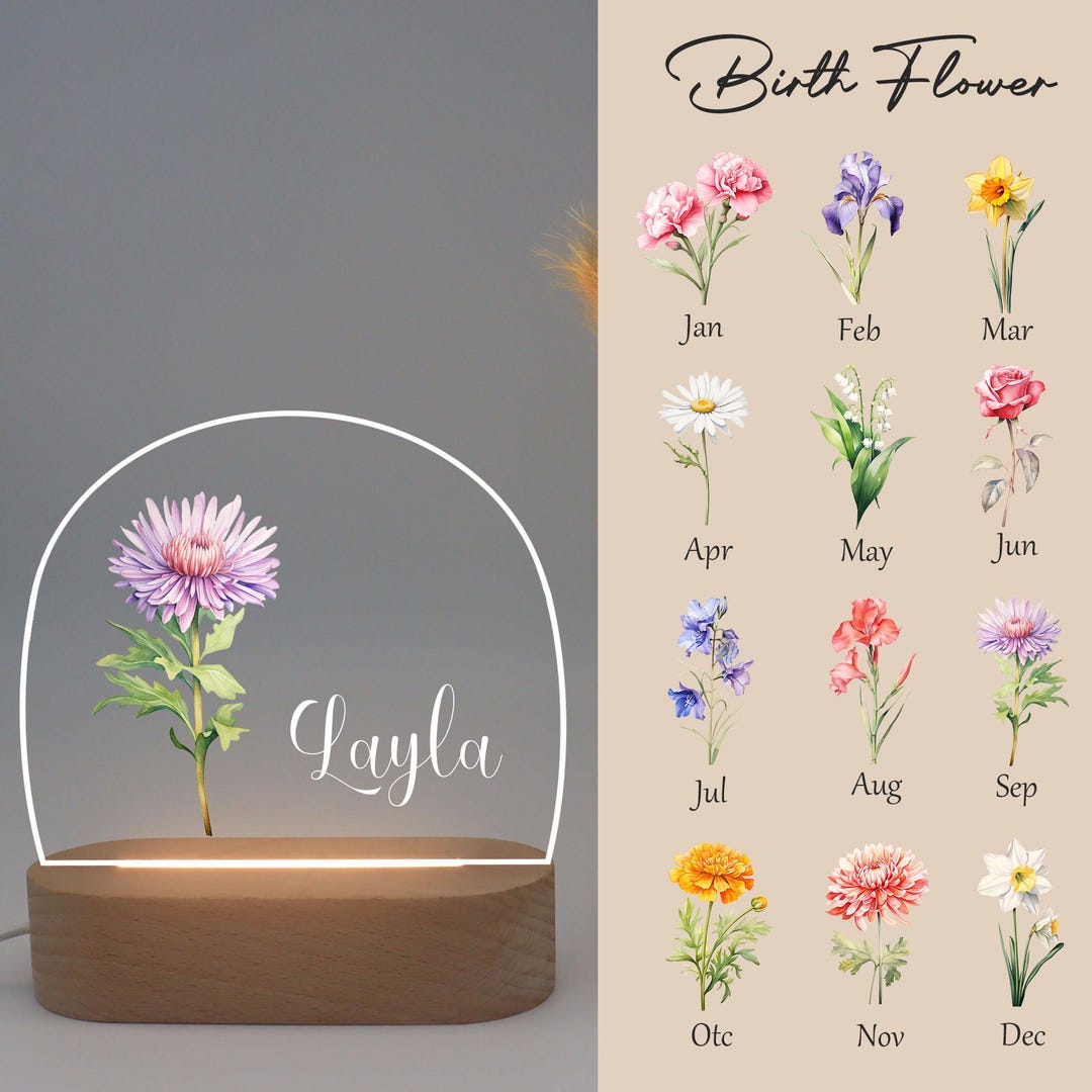 Custom Birth Month Flower Night Light,acrylic Floral Night Light ...