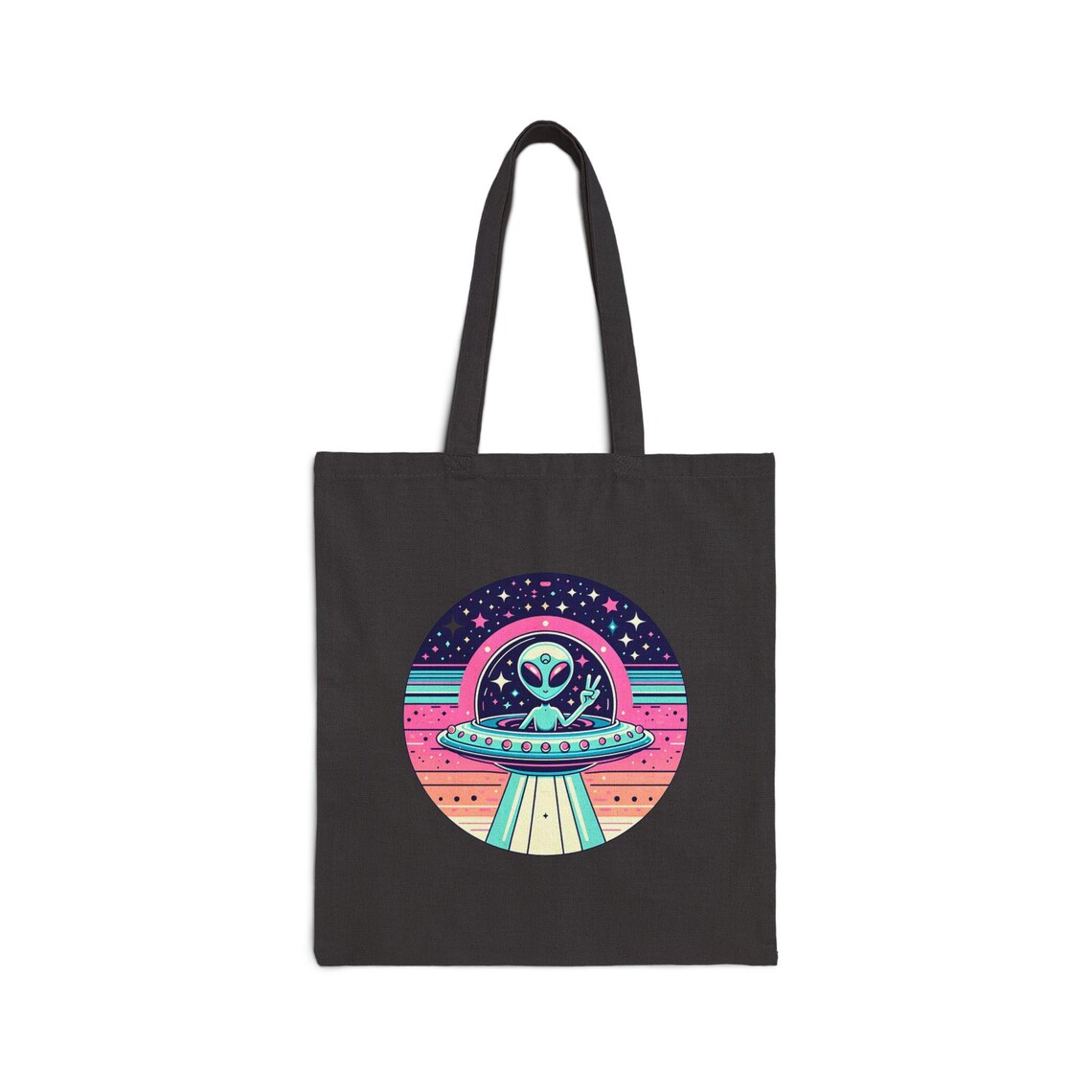 Alien Peace Sign Canvas Tote Bag, UFO Shoulder Beach Bag, Sci-fi ...