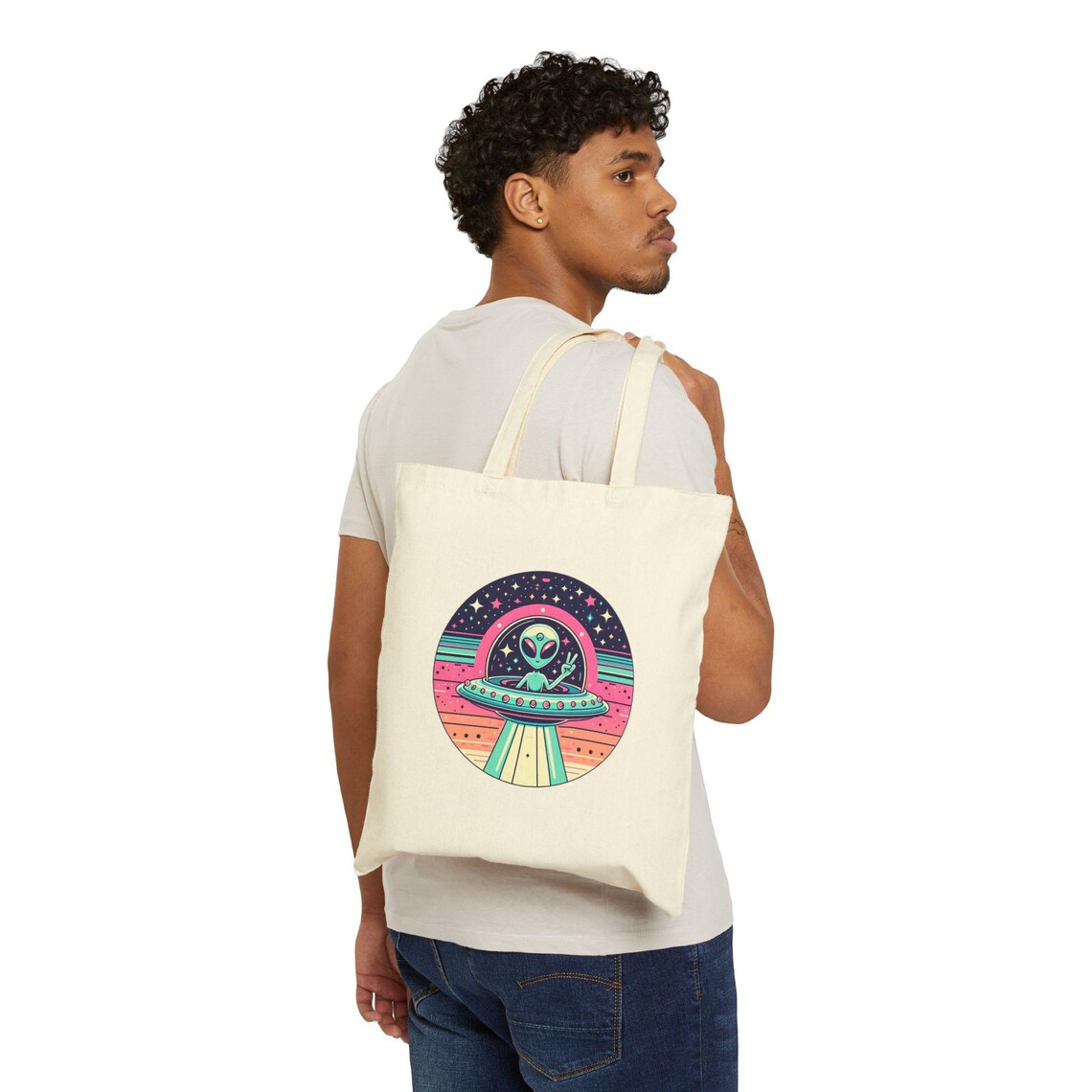 Alien Peace Sign Canvas Tote Bag, UFO Shoulder Beach Bag, Sci-fi ...