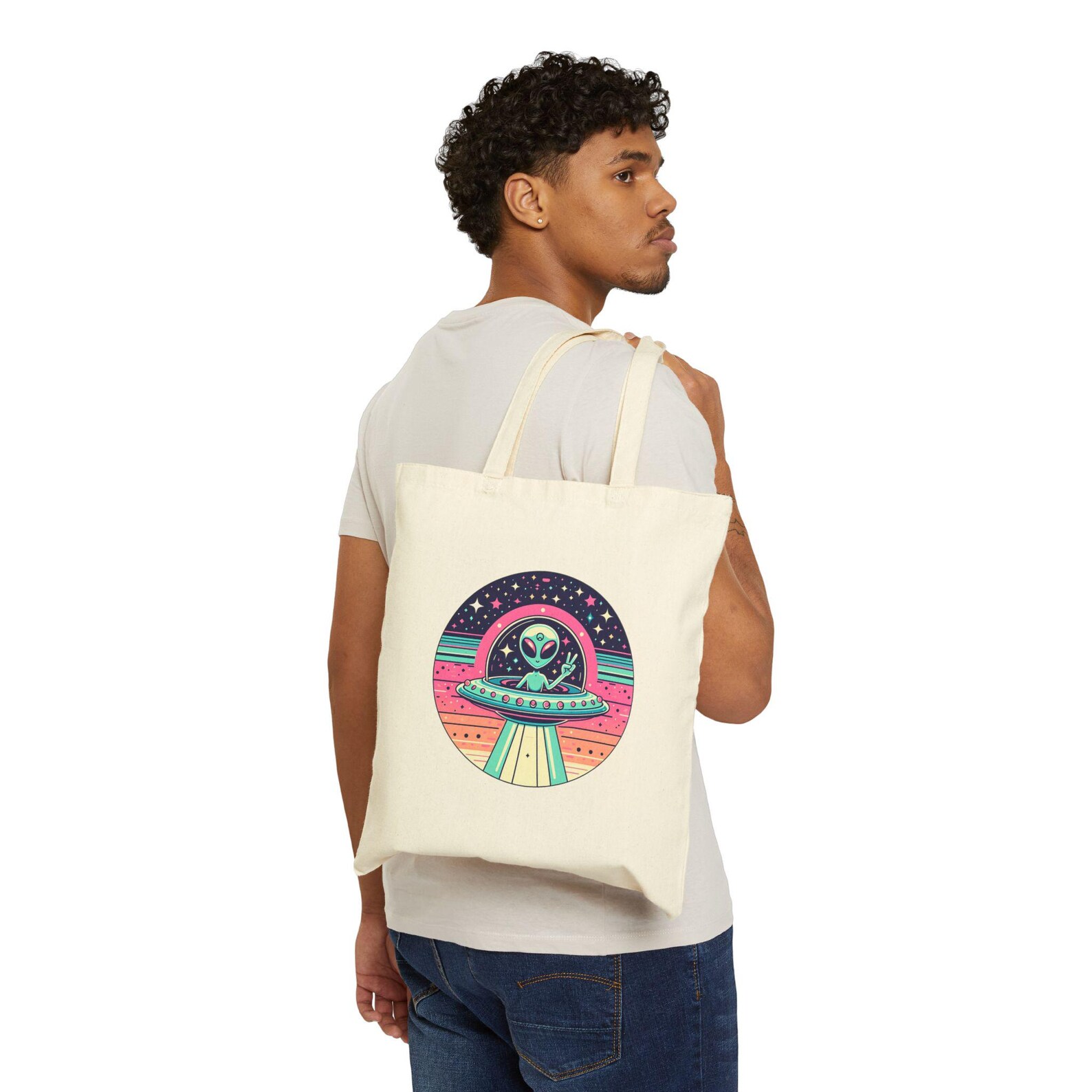 Alien Peace Sign Canvas Tote Bag, UFO Shoulder Beach Bag, Sci-fi ...