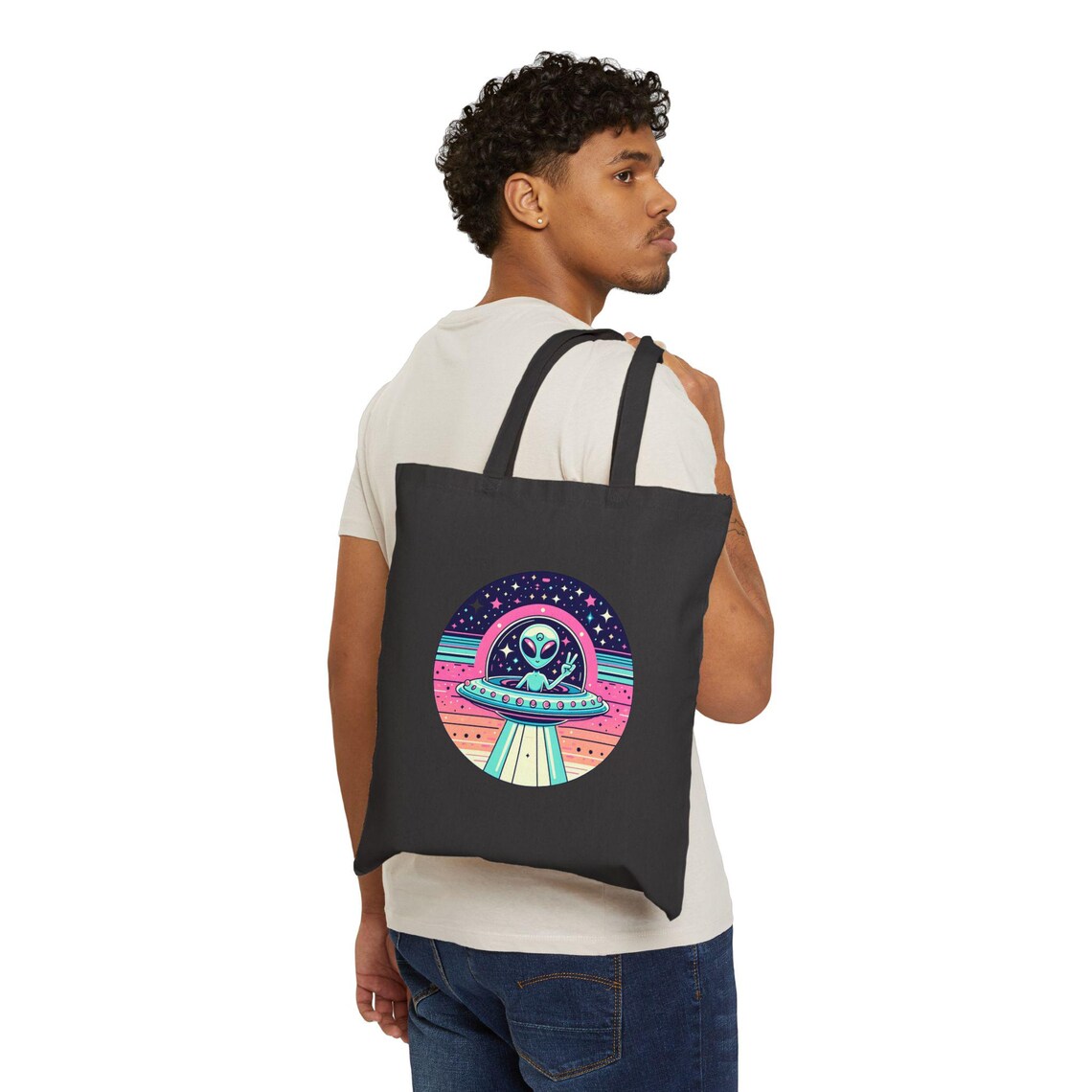 Alien Peace Sign Canvas Tote Bag, UFO Shoulder Beach Bag, Sci-fi ...