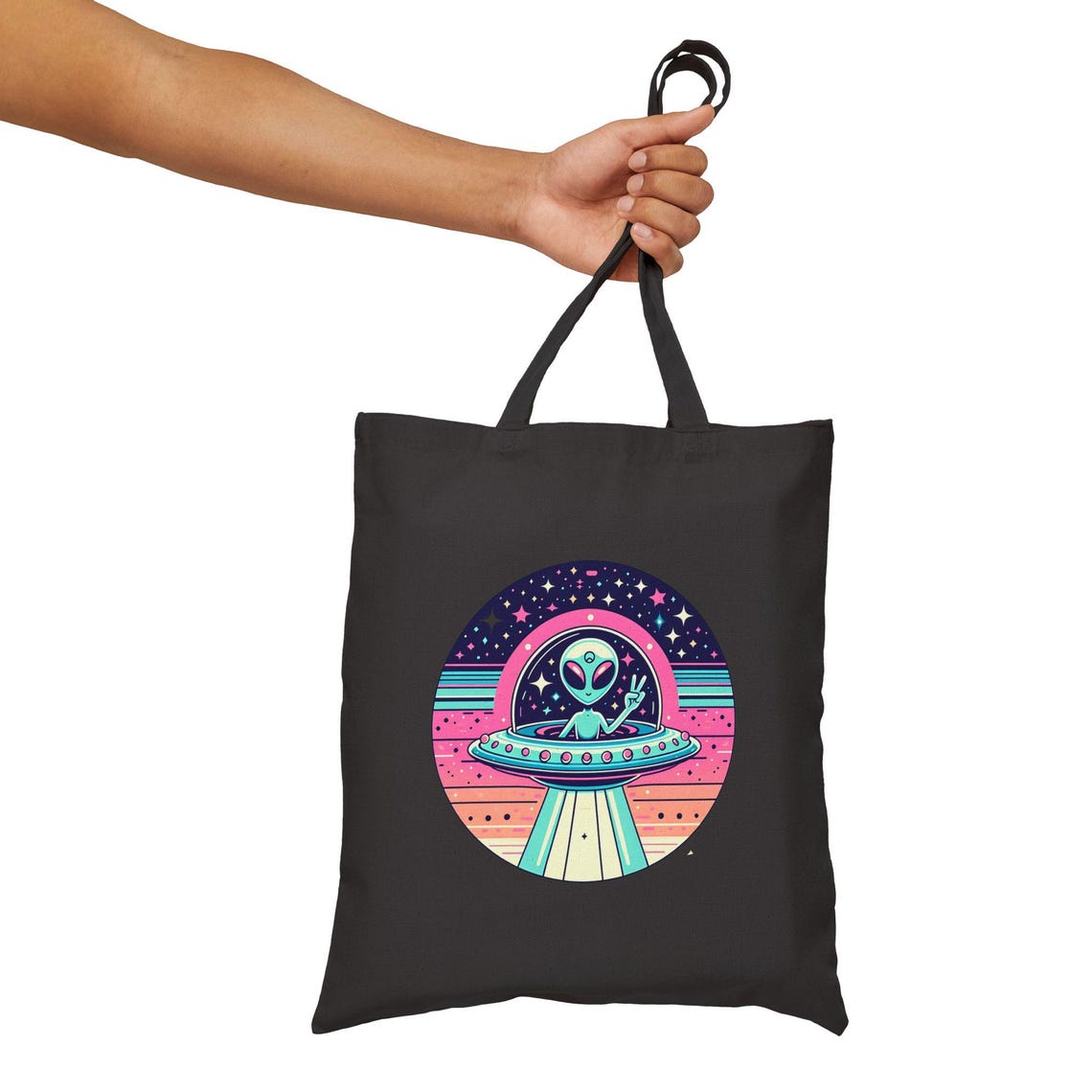 Alien Peace Sign Canvas Tote Bag, UFO Shoulder Beach Bag, Sci-fi ...