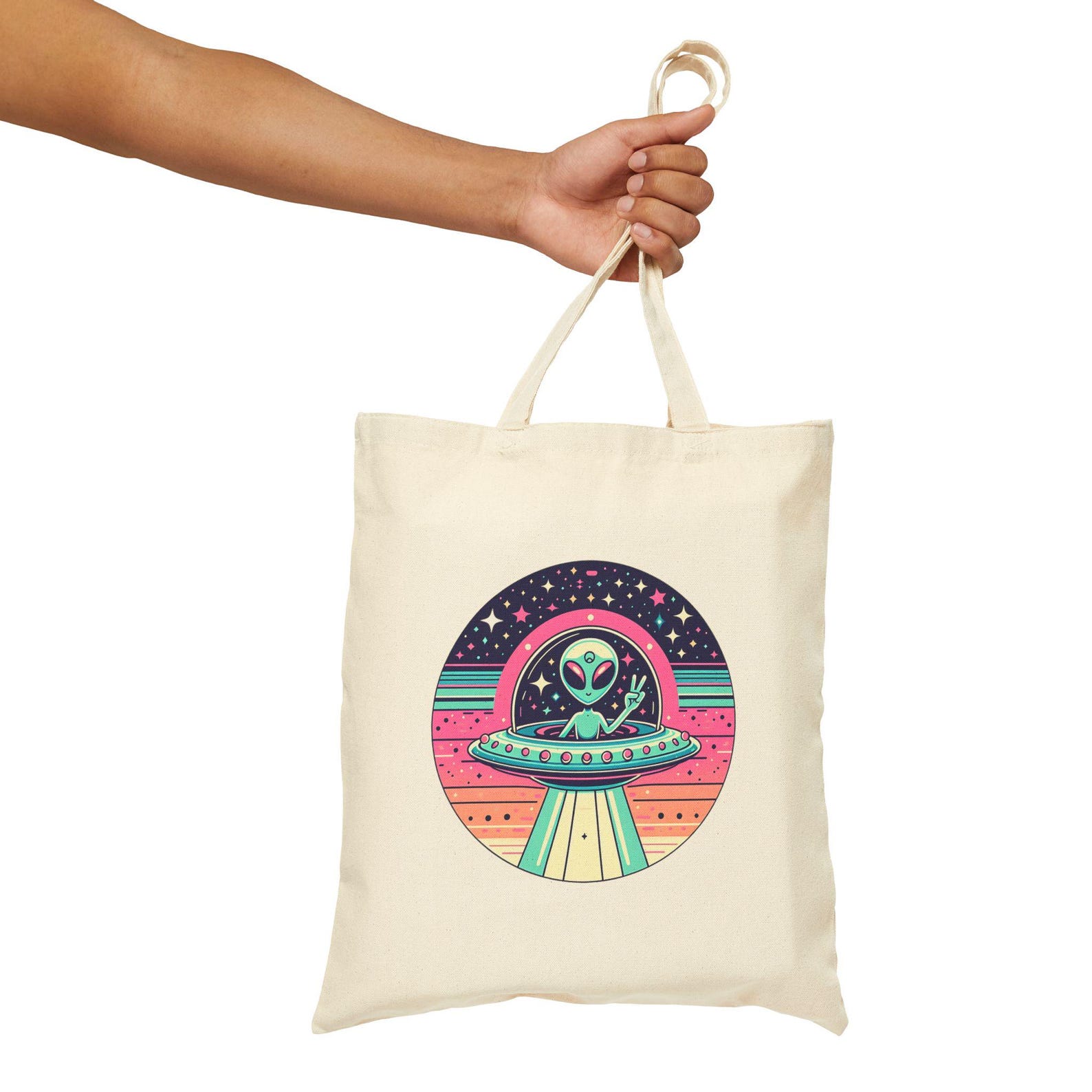 Alien Peace Sign Canvas Tote Bag, UFO Shoulder Beach Bag, Sci-fi ...