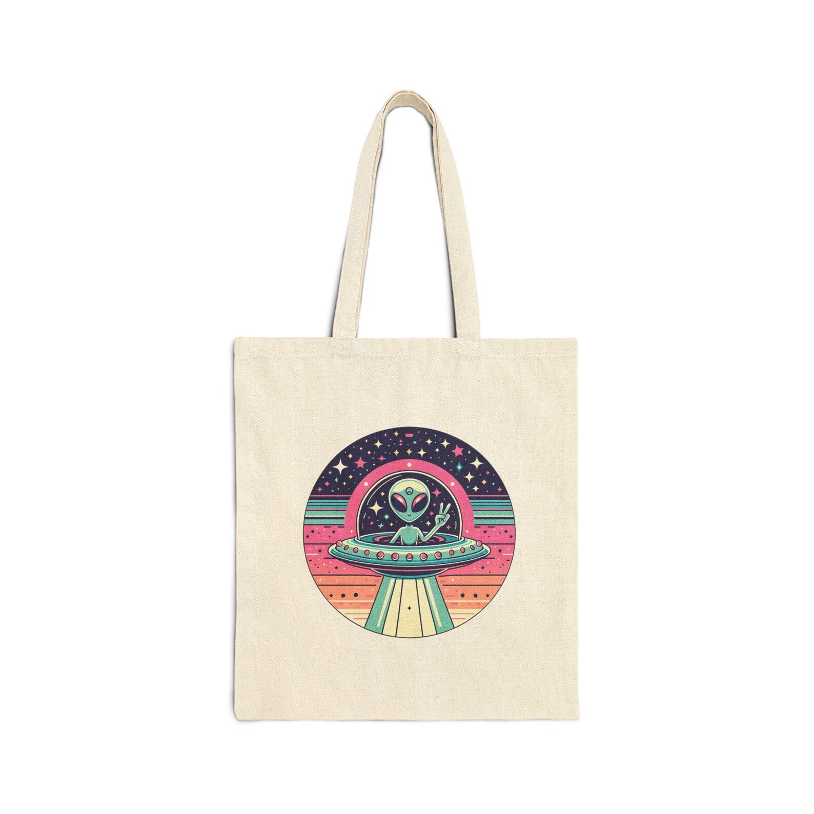 Alien Peace Sign Canvas Tote Bag, UFO Shoulder Beach Bag, Sci-fi ...