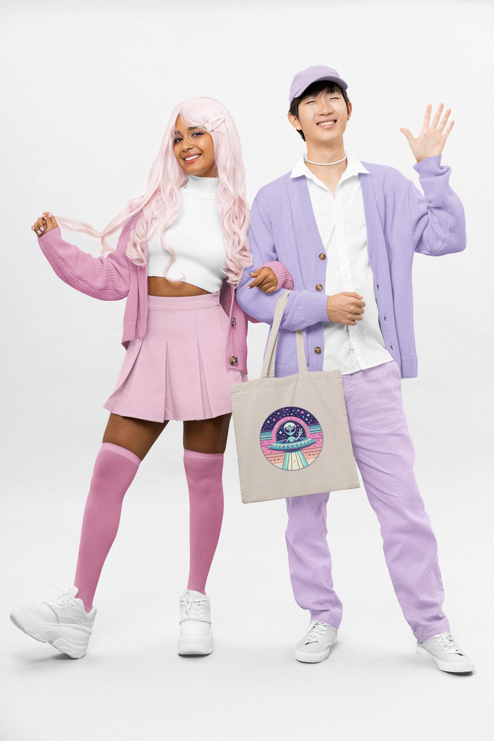 Alien Peace Sign Canvas Tote Bag, UFO Shoulder Beach Bag, Sci-fi ...