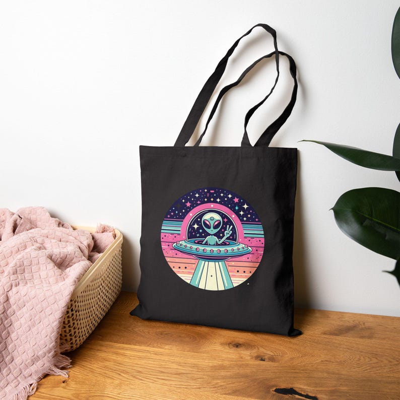 Alien Peace Sign Canvas Tote Bag, UFO Shoulder Beach Bag, Sci-fi ...