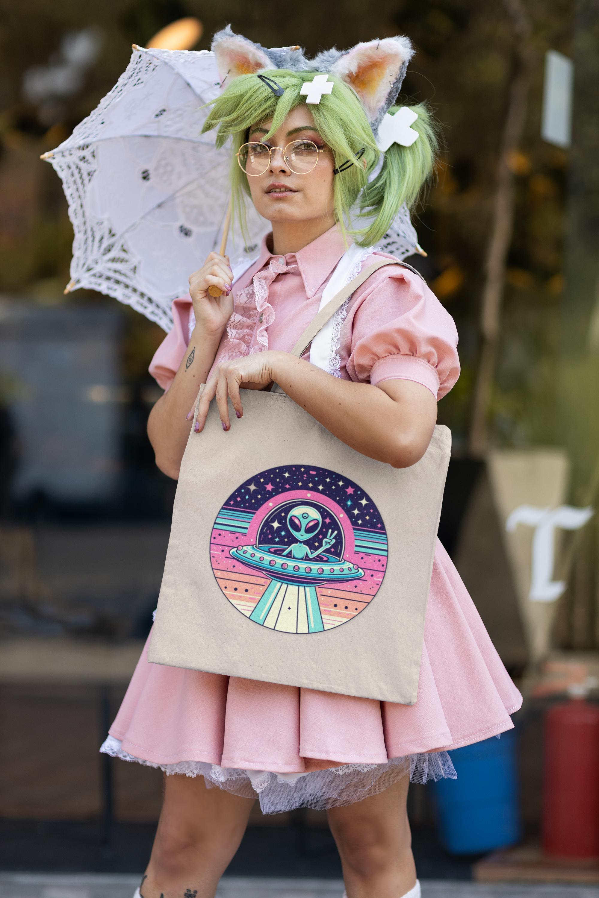 Alien Peace Sign Canvas Tote Bag, UFO Shoulder Beach Bag, Sci-fi ...