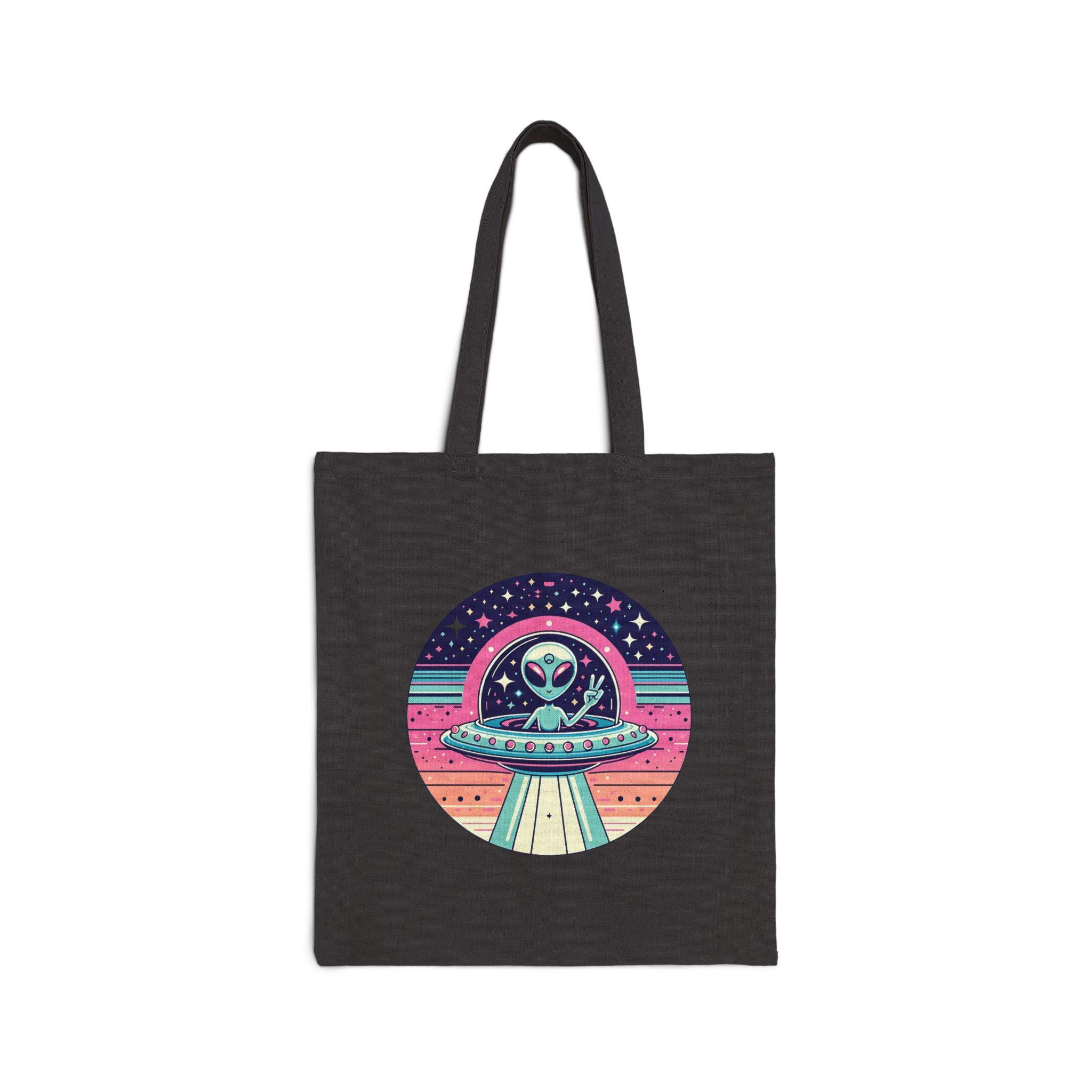 Alien Peace Sign Canvas Tote Bag, UFO Shoulder Beach Bag, Sci-fi ...