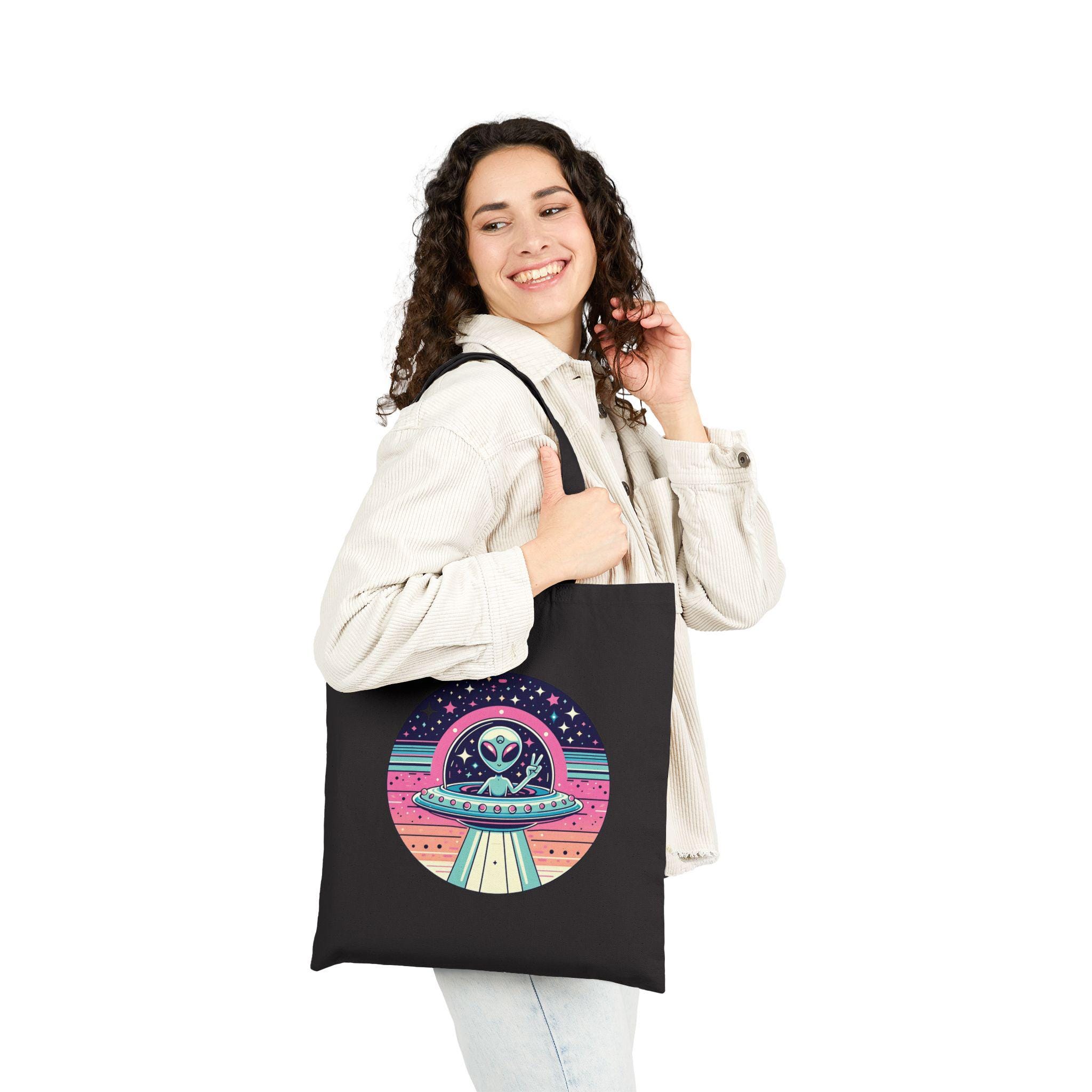 Alien Peace Sign Canvas Tote Bag, UFO Shoulder Beach Bag, Sci-fi ...