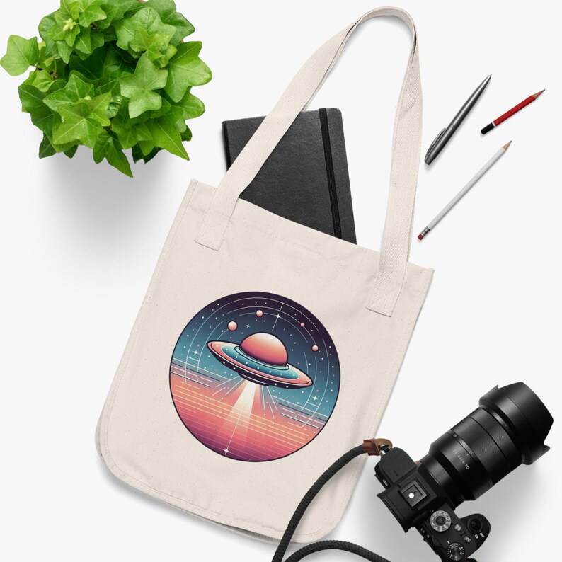 Retro UFO Organic Canvas Tote Bag, Eco-friendly Shopping Bag, Space ...