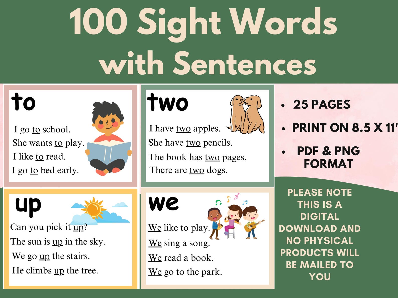 INSTANT DOWNLOAD 100 Printable Sight Word Flash Cards With Sentences ...