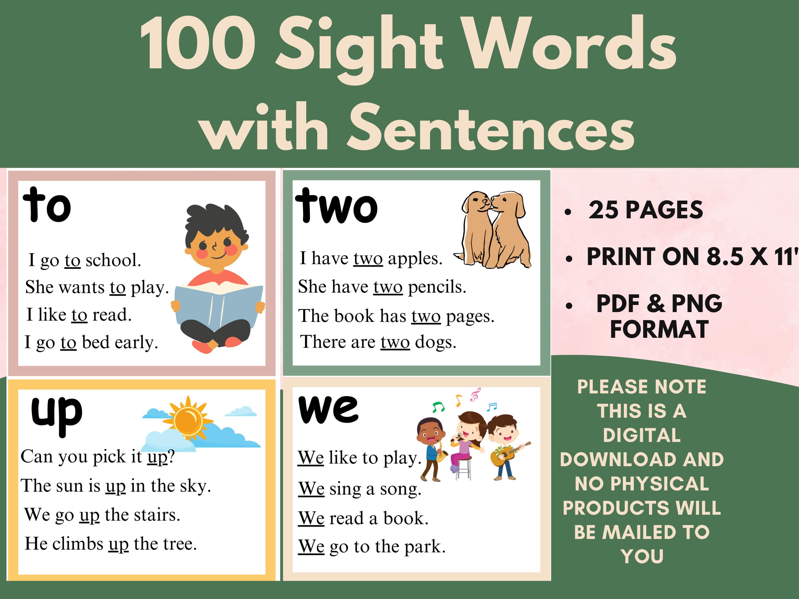 INSTANT DOWNLOAD 100 Printable Sight Word Flash Cards With Sentences ...