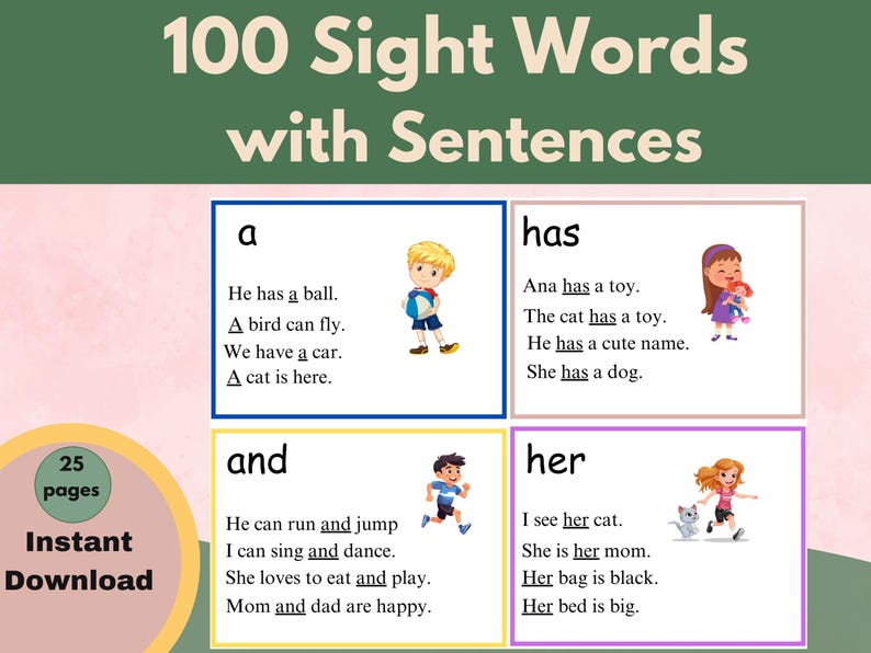INSTANT DOWNLOAD 100 Printable Sight Word Flash Cards With Sentences ...