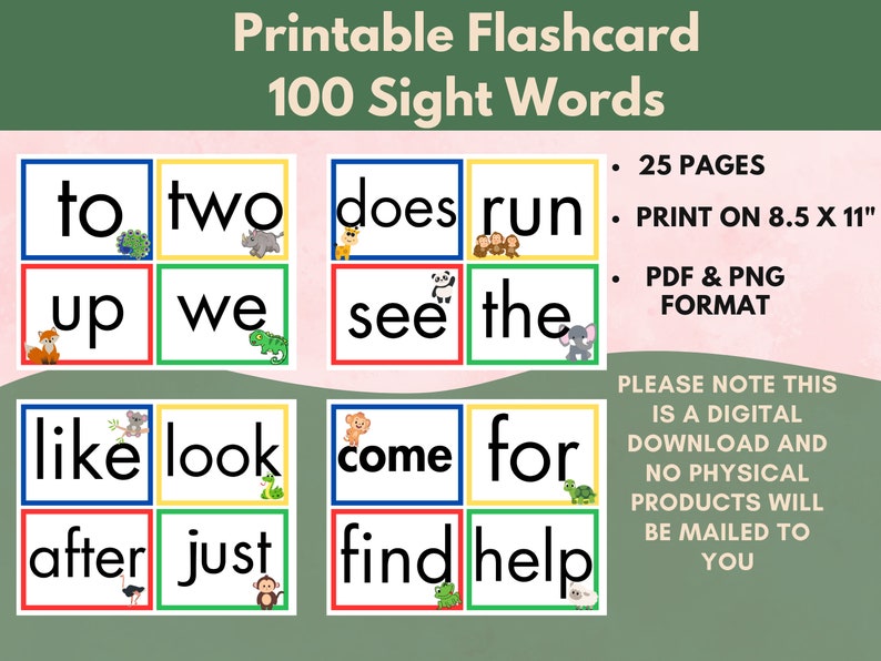 Printable Flashcard,100 Sight Words, Preschool, Kindergarten ...