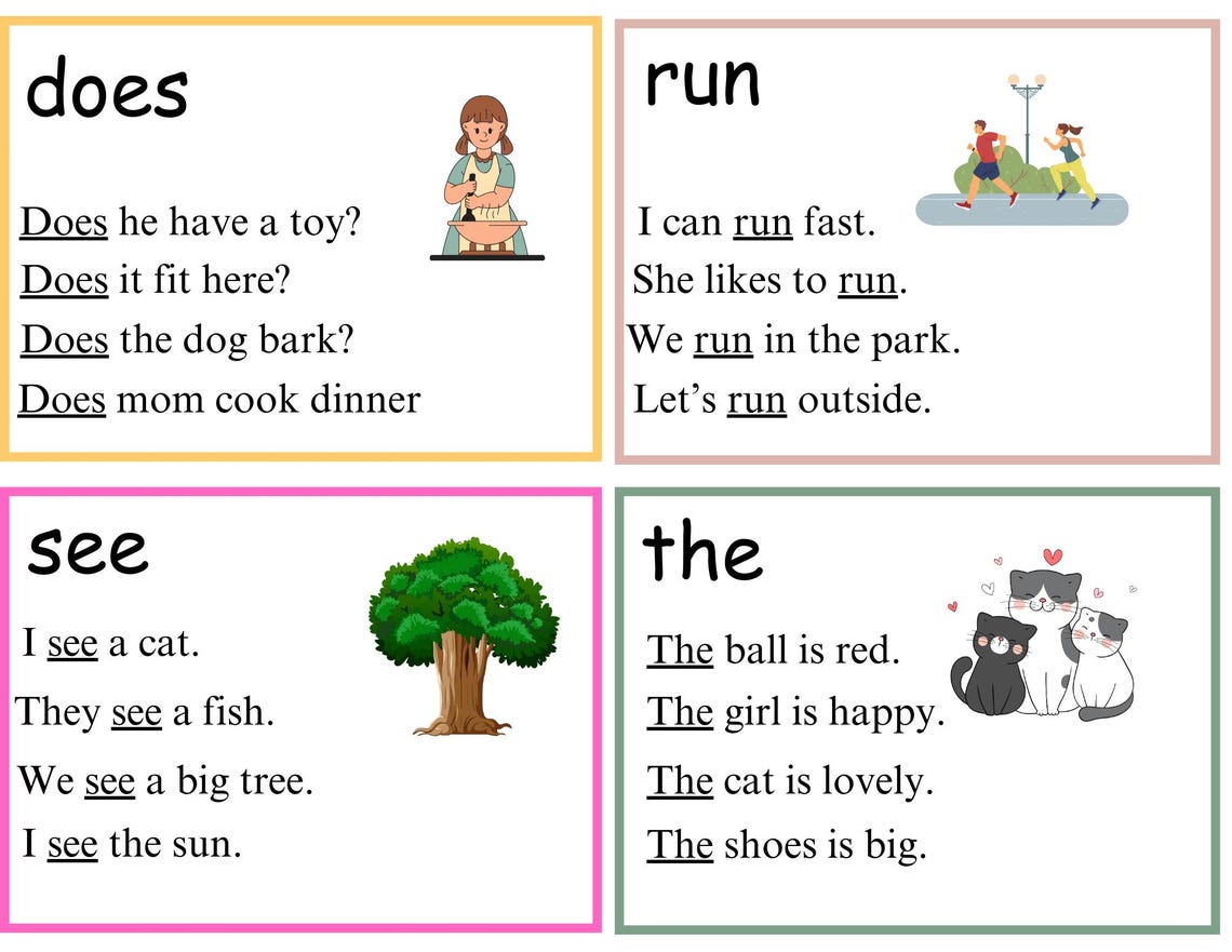 INSTANT DOWNLOAD 100 Printable Sight Word Flash Cards With Sentences ...