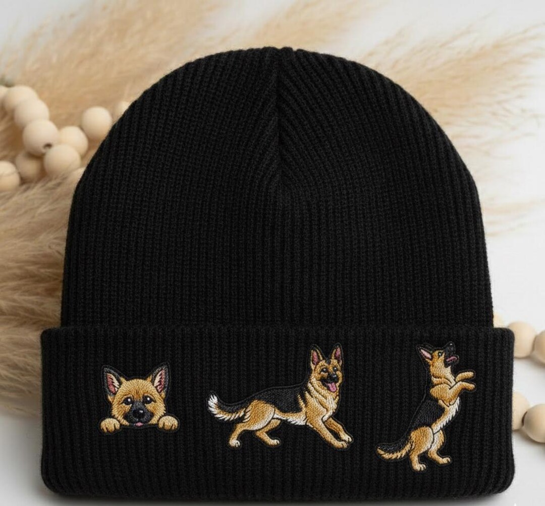 Custom German Shepherd Embroidered Beanie – Cute 3 Pose Dog Knit Hat ...