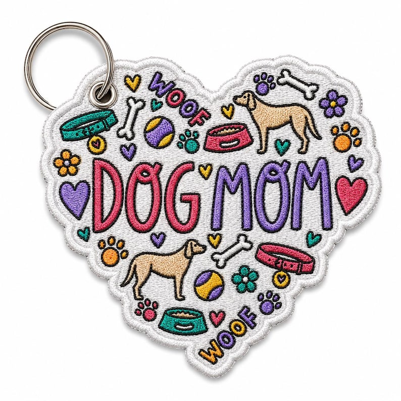 Custom Embroidered Dog Mom Keychain Cute Pet Lover Gift Colorful Puppy ...