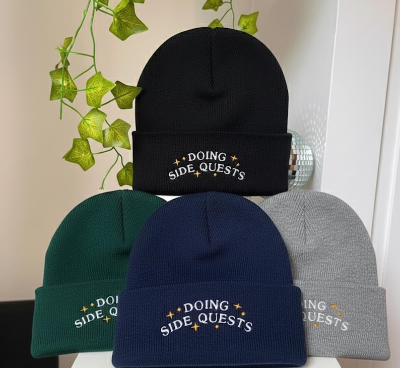 Custom Doing Side Quests Embroidered Beanie • Cozy Gamer Knit Hat ...