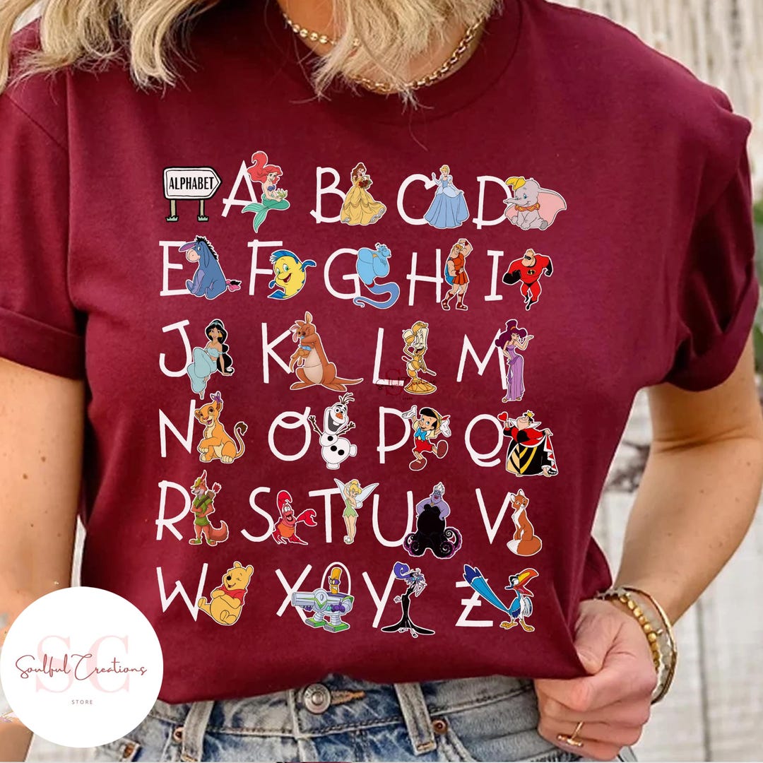 Comfort Colors Disney Teacher Alphabet All Characters From A to Z Shirt ...