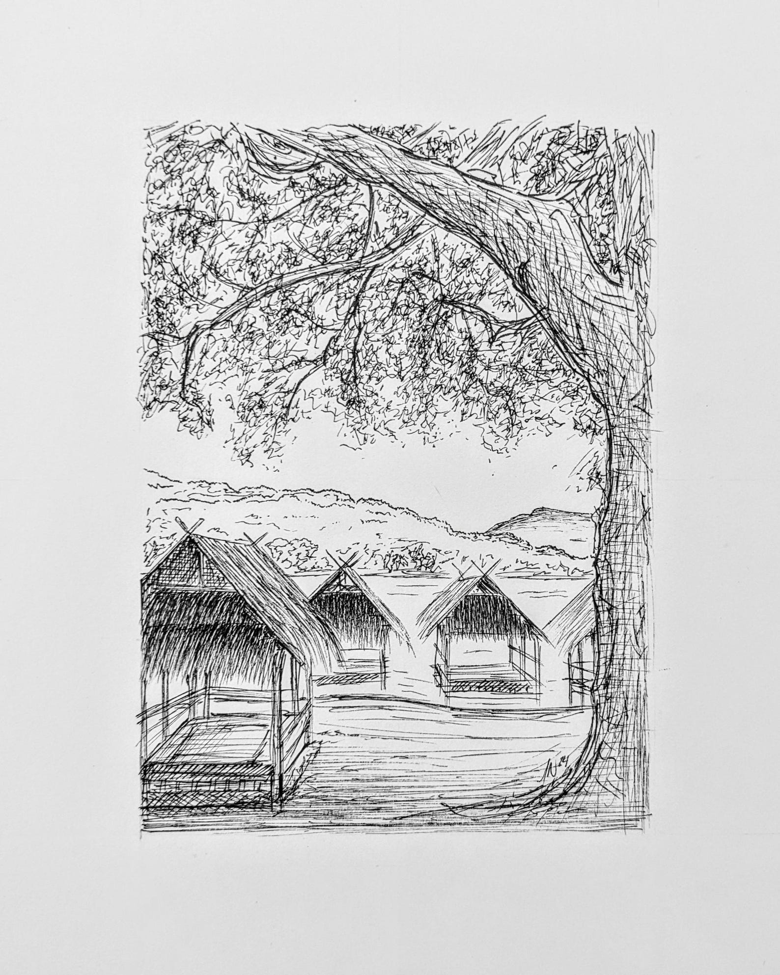Thailand Reservoir Ink Drawing - Etsy