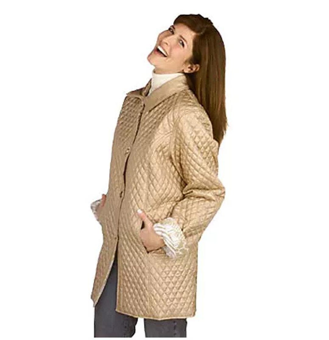 Dennis Basso Barn Jacket Womens Large Silk Quilted Midi Gold Metallic ...