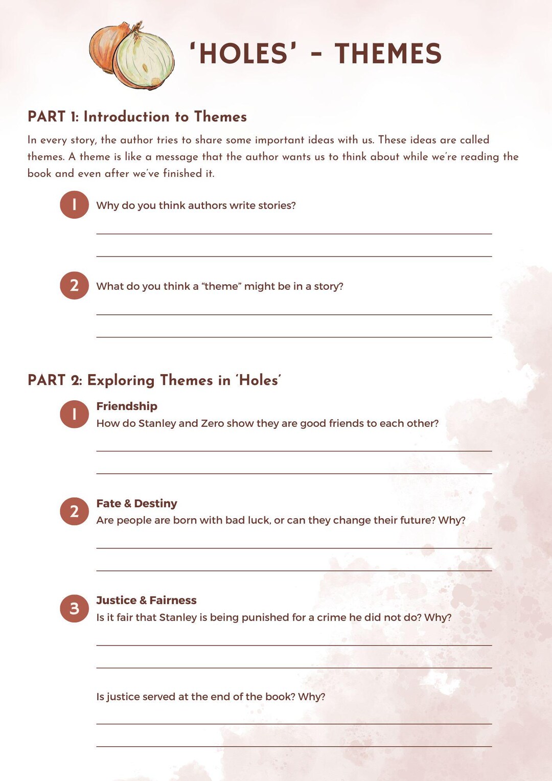 Holes Novel Study Theme Worksheet - Etsy