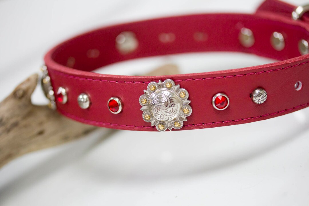 Red Leather Collar, Leather Crystal Concho Dog Collar, 1 Inch Wide ...