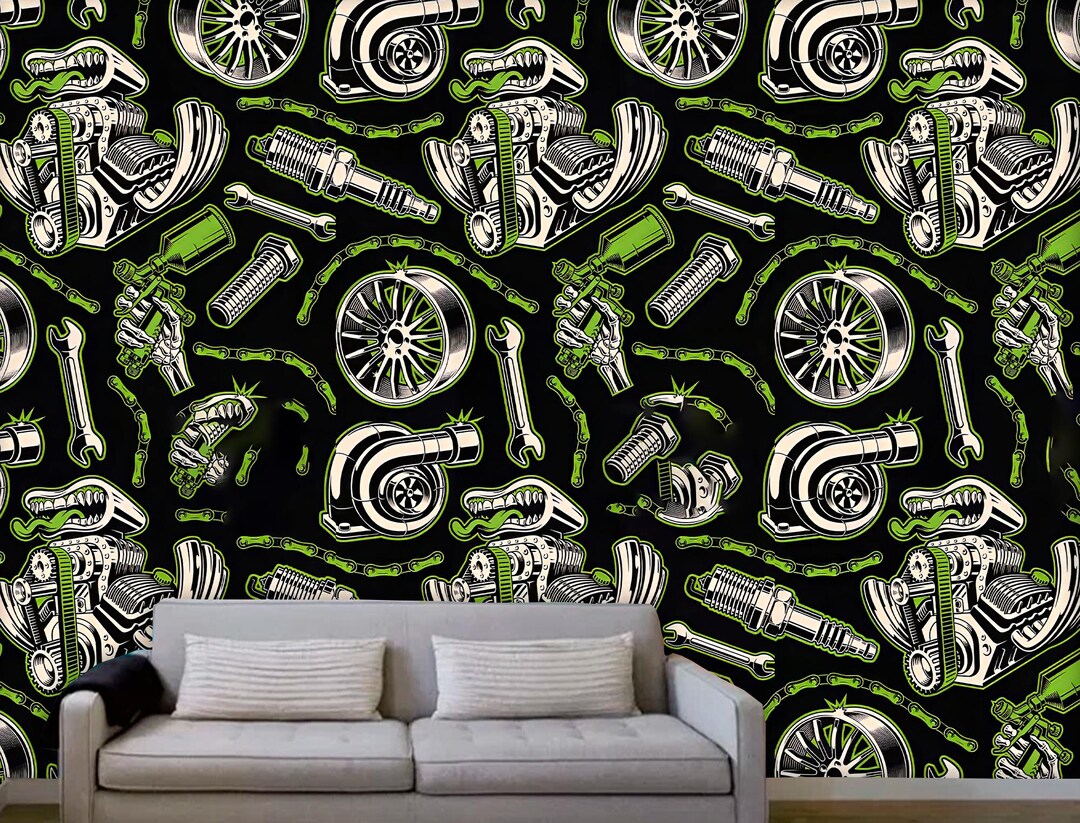 Car Print Garage Wallpaper Car Parts Decor Vintage Wallpaper - Etsy