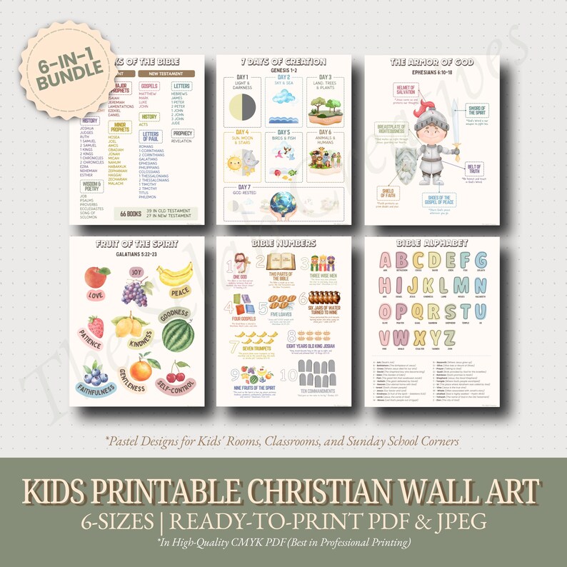 Kids Printable Christian Wall Art Bundle Sunday School Decor Children ...