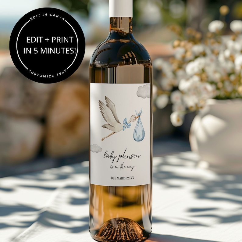 Stork Baby Announcement Wine Label: Editable Canva Template (digital ...