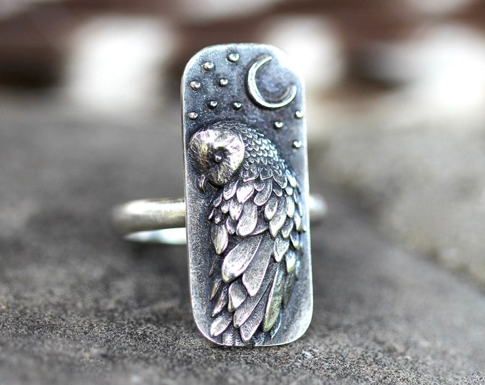 Owl Ring Sterling Silver Moon Owl Ring Barn Owl Ring Owl Jewelry Witch ...