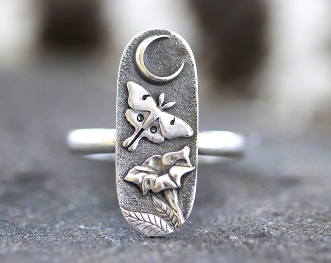 Sterling Silver Luna Moth Ring Moon Ring Morning Glory Ring Moonflower ...