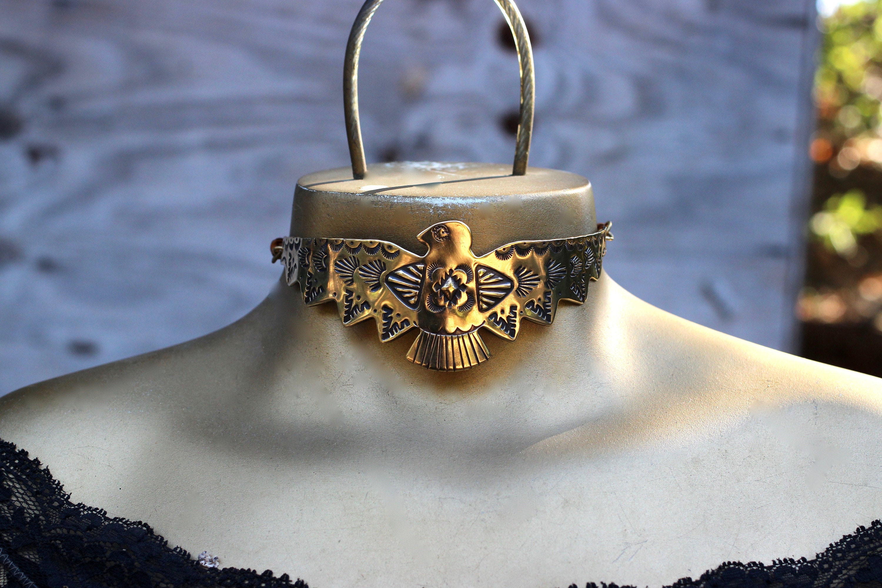 Stamped Brass Hawk Necklace Bird Choker Necklace Brass and Leather ...