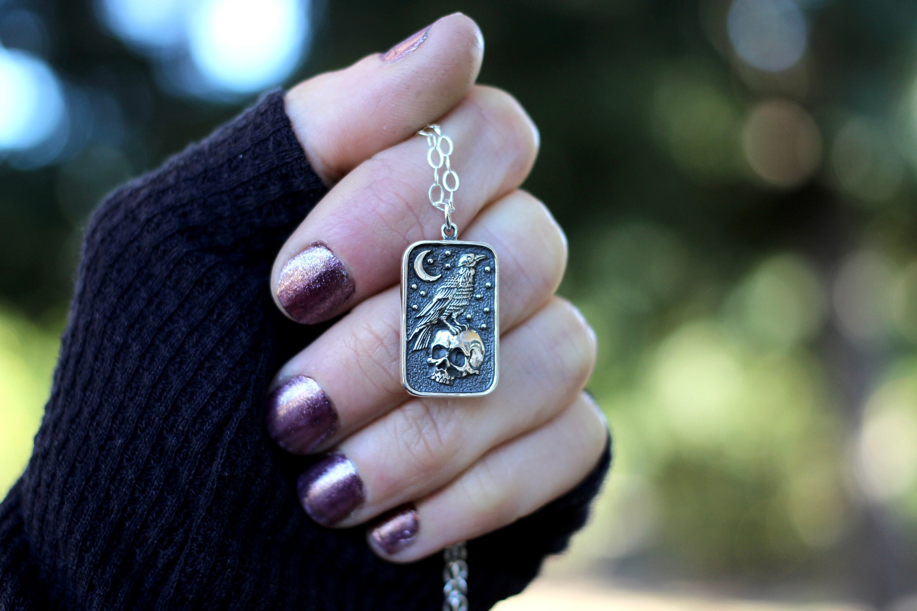 Raven Charm Sterling Silver Raven Pendant Skull Necklace Witch - Etsy