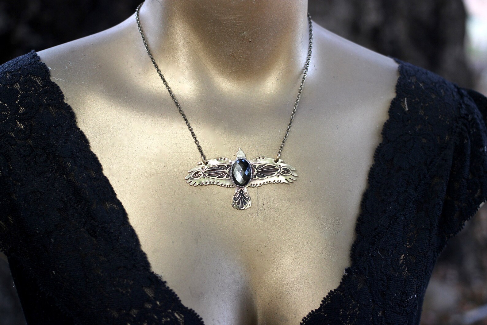 Raven Necklace Brass Raven Pendant Gold Sheen Obsidian Pendant Crow ...