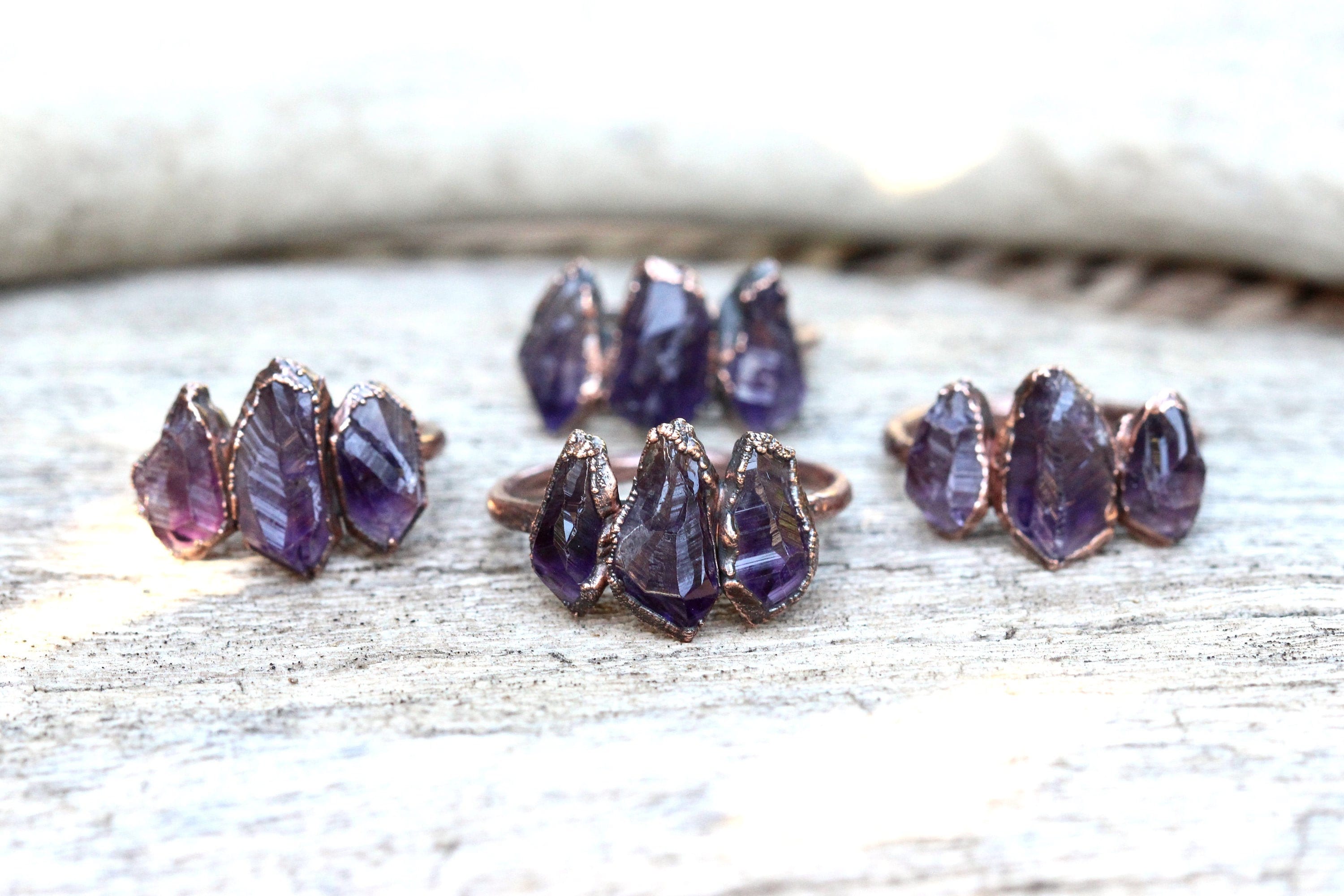 Raw Amethyst Ring Raw Stone Ring Three Stone Ring - Etsy